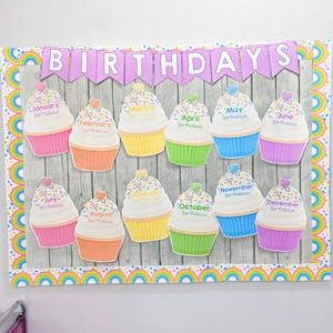 Pastel Rainbow Birthday Bulletin Board: Cupcake Classroom Decor ...