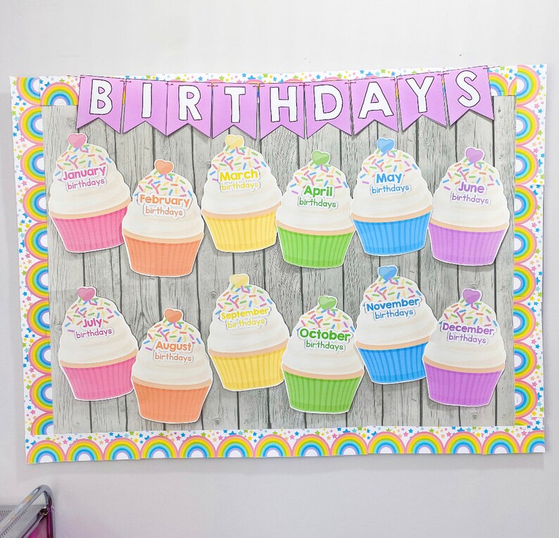 Pastel Rainbow Birthday Bulletin Board: Cupcake Classroom Decor ...