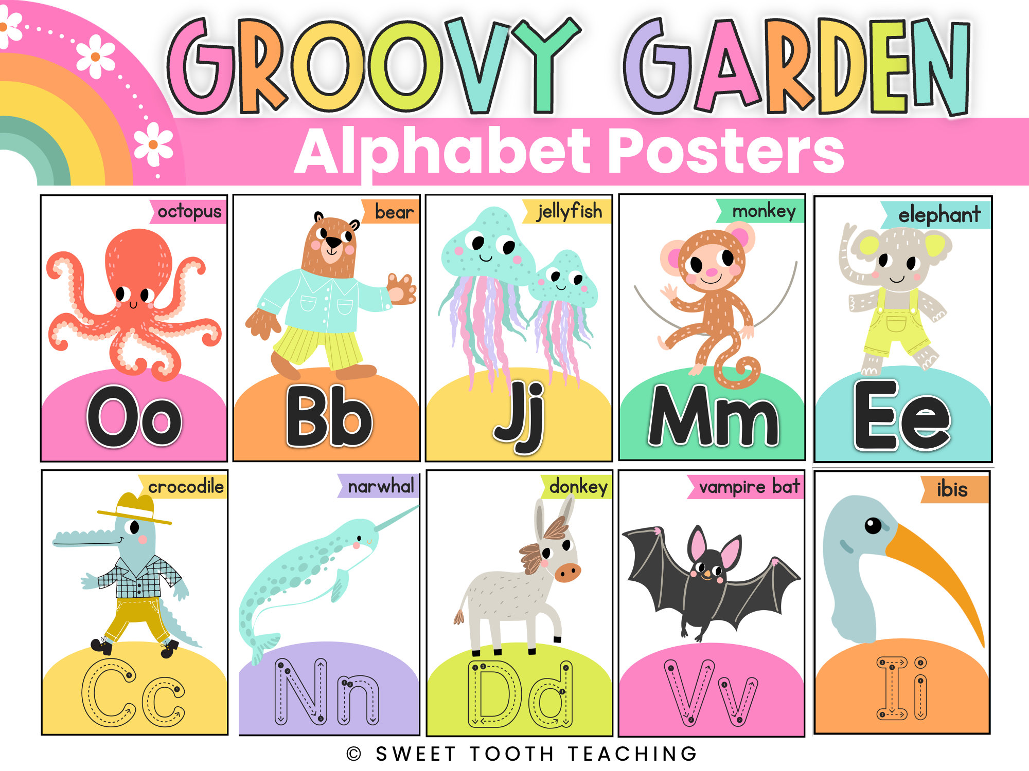 Colorful Primary Alphabet Posters Traceable Letters Groovy Garden Retro ...