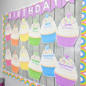 Pastel Rainbow Birthday Bulletin Board: Cupcake Classroom Decor ...