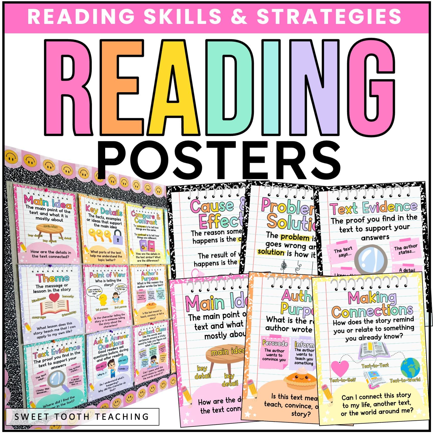 Reading Comprehension Skills & Strategies Posters- Colorful Composition ...