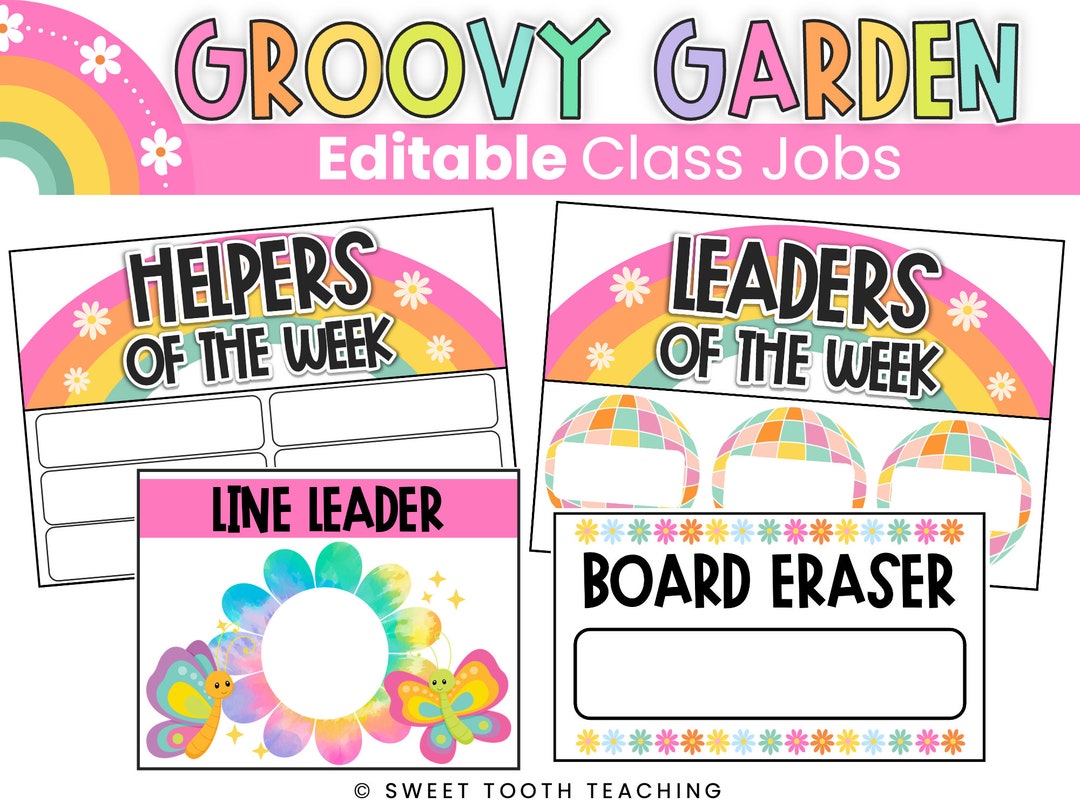 Class Jobs & Helpers | Groovy Garden Retro Decor | Editable | DIGITAL ...