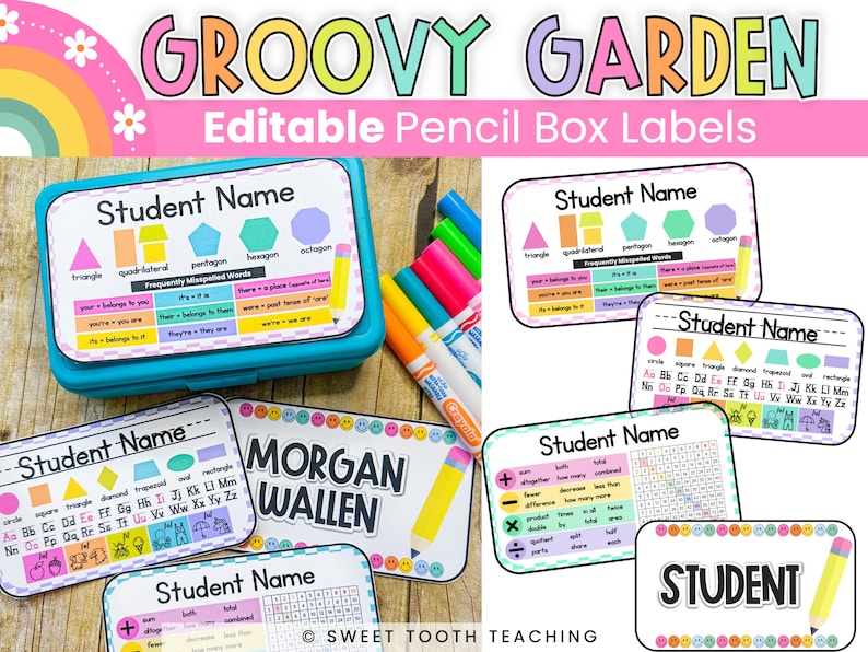 Colorful Pencil Box Tags | Groovy Theme Classroom Decor | Kindergarten ...