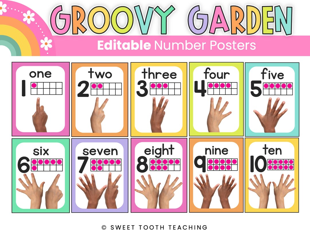 Number Posters With Hand Visuals | Groovy Garden | Editable | DIGITAL ...