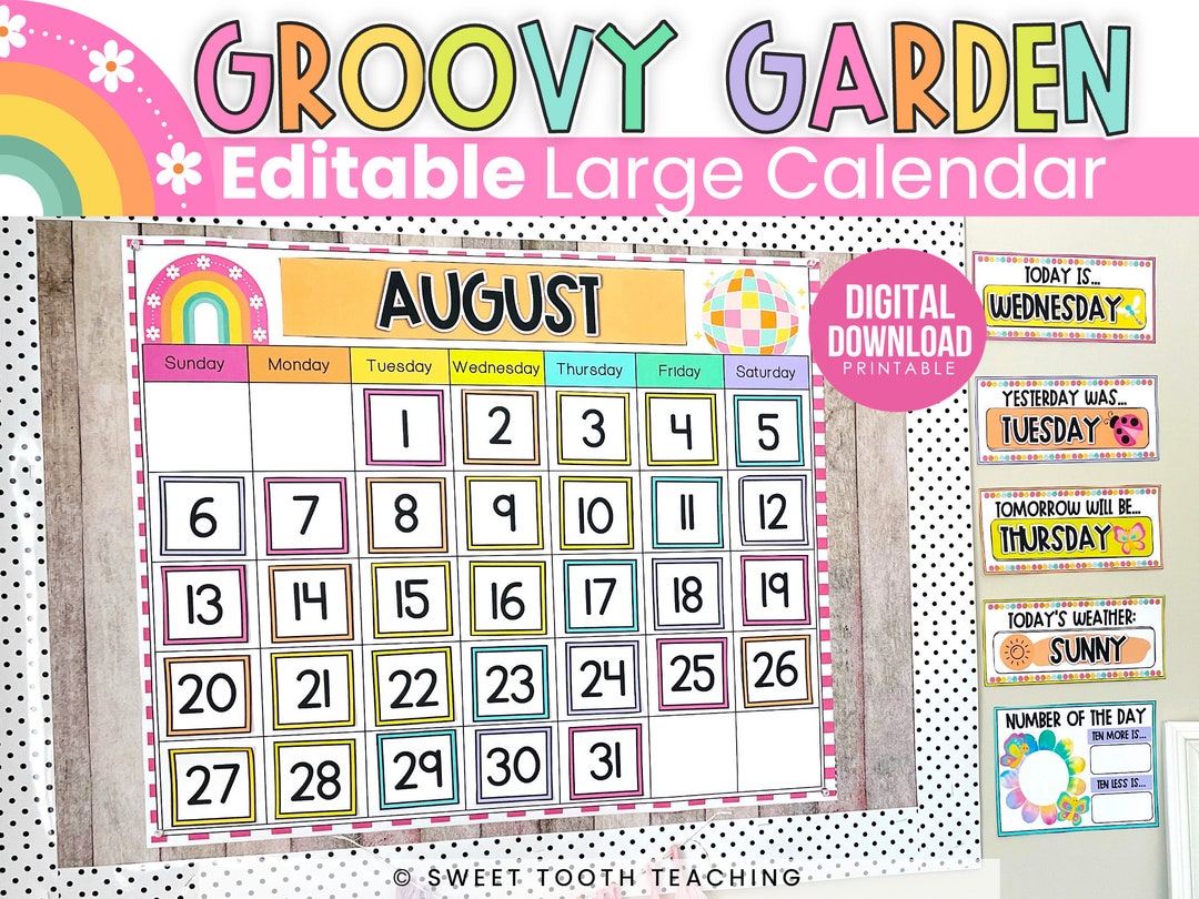 Large Calendar | Groovy Garden Retro Decor | Weather, Days of the Week ...