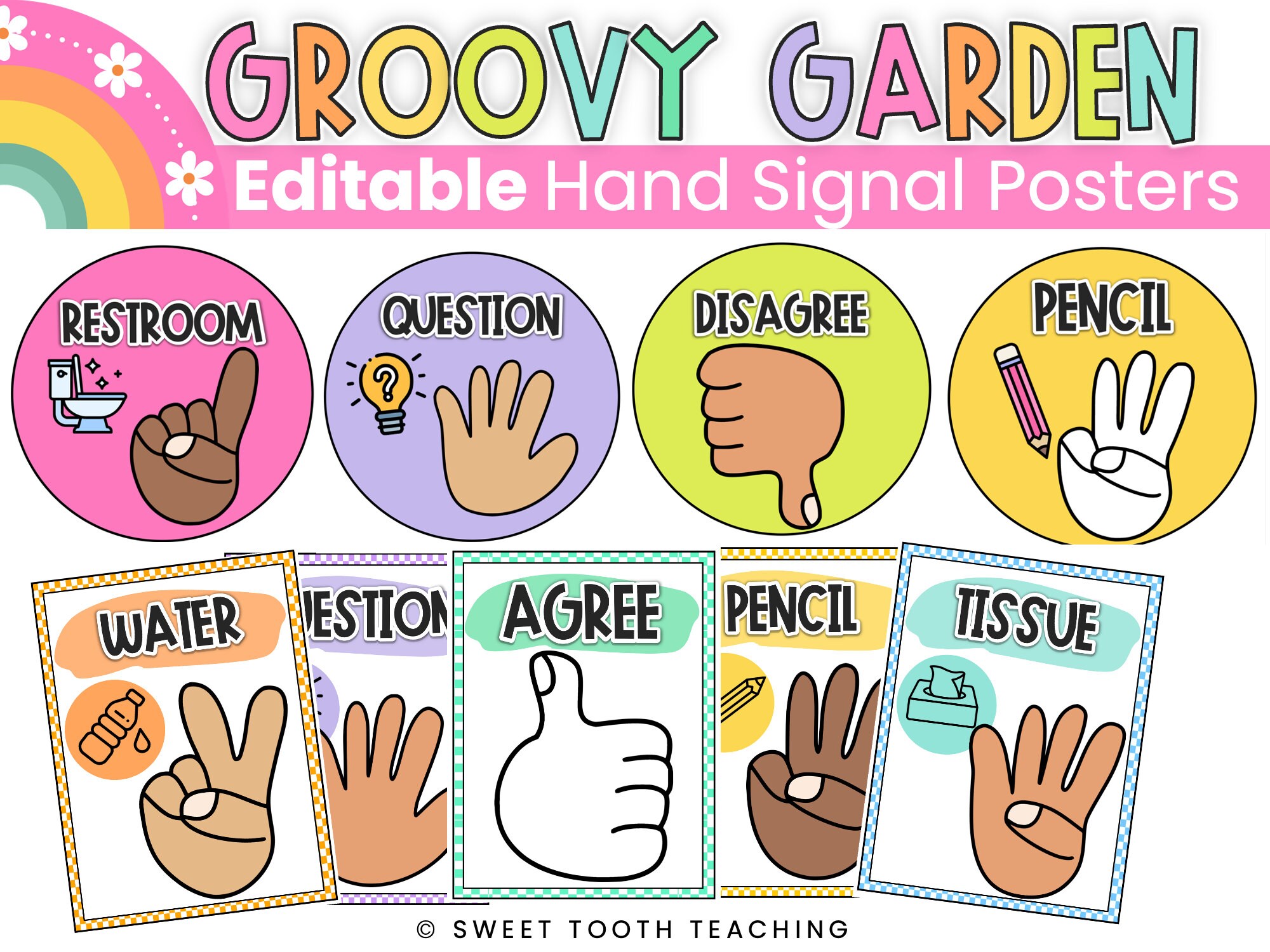 Hand Signal Posters | Colorful Groovy Garden Retro Decor | Editable ...