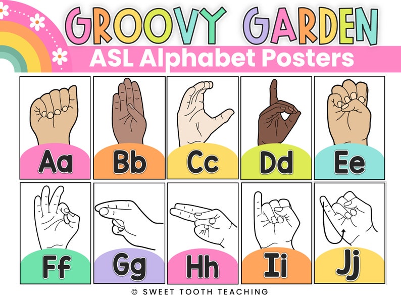 Colorful ASL Alphabet Posters American Sign Language Abc Groovy Garden ...