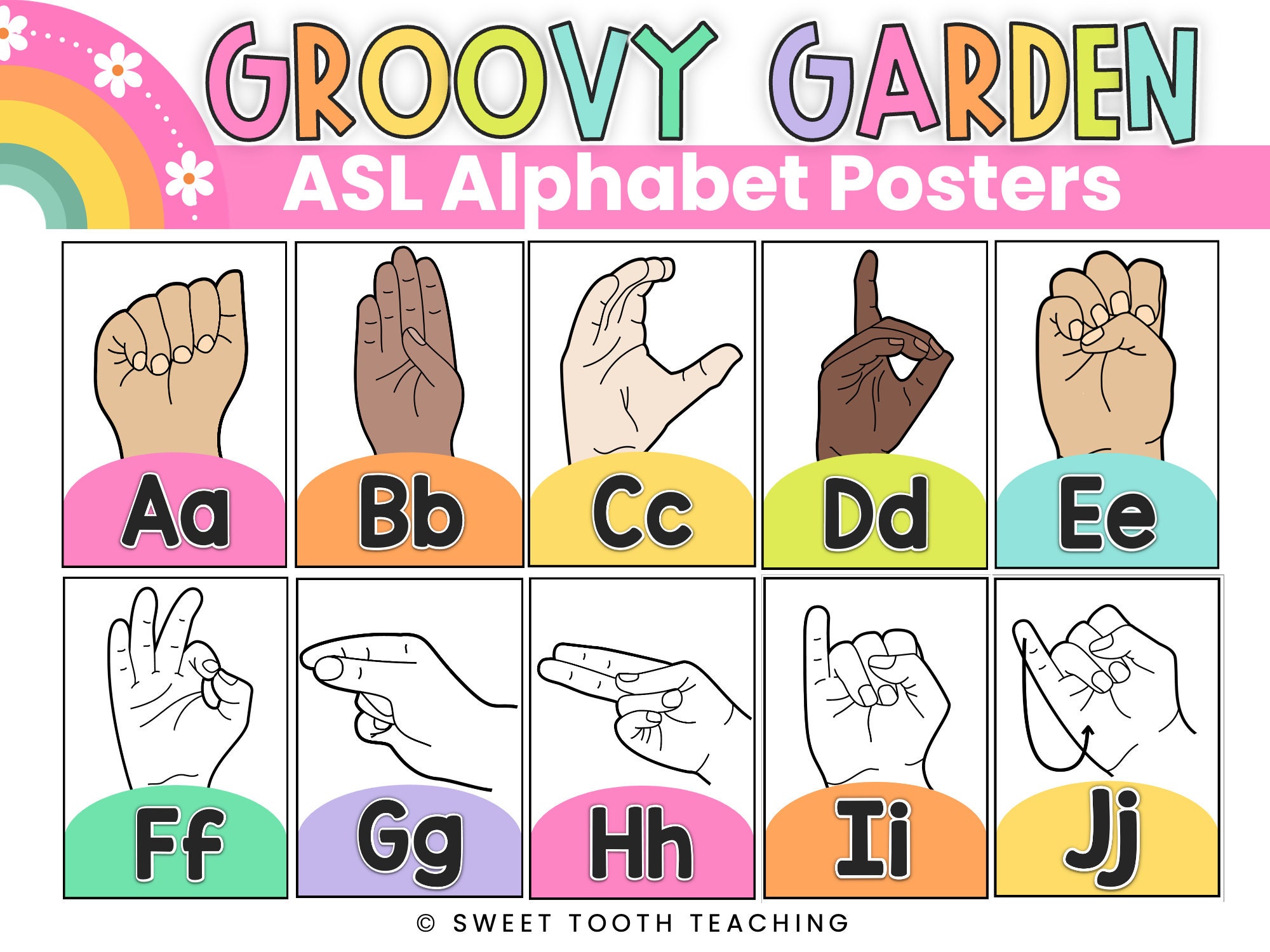 Colorful ASL Alphabet Posters American Sign Language Abc Groovy Garden ...