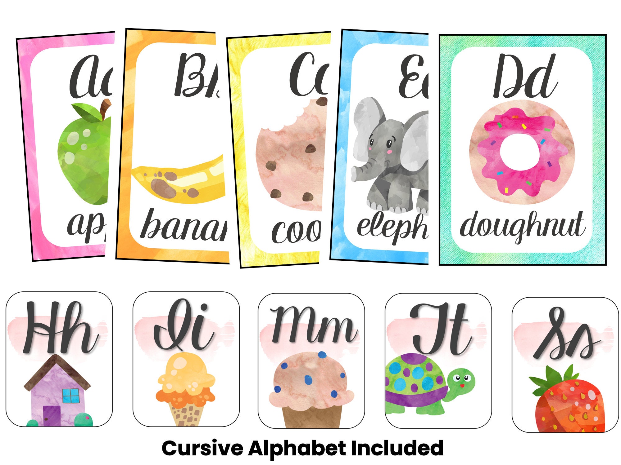 Watercolor Alphabet Posters: Print & Cursive, Colorful Classroom Decor ...