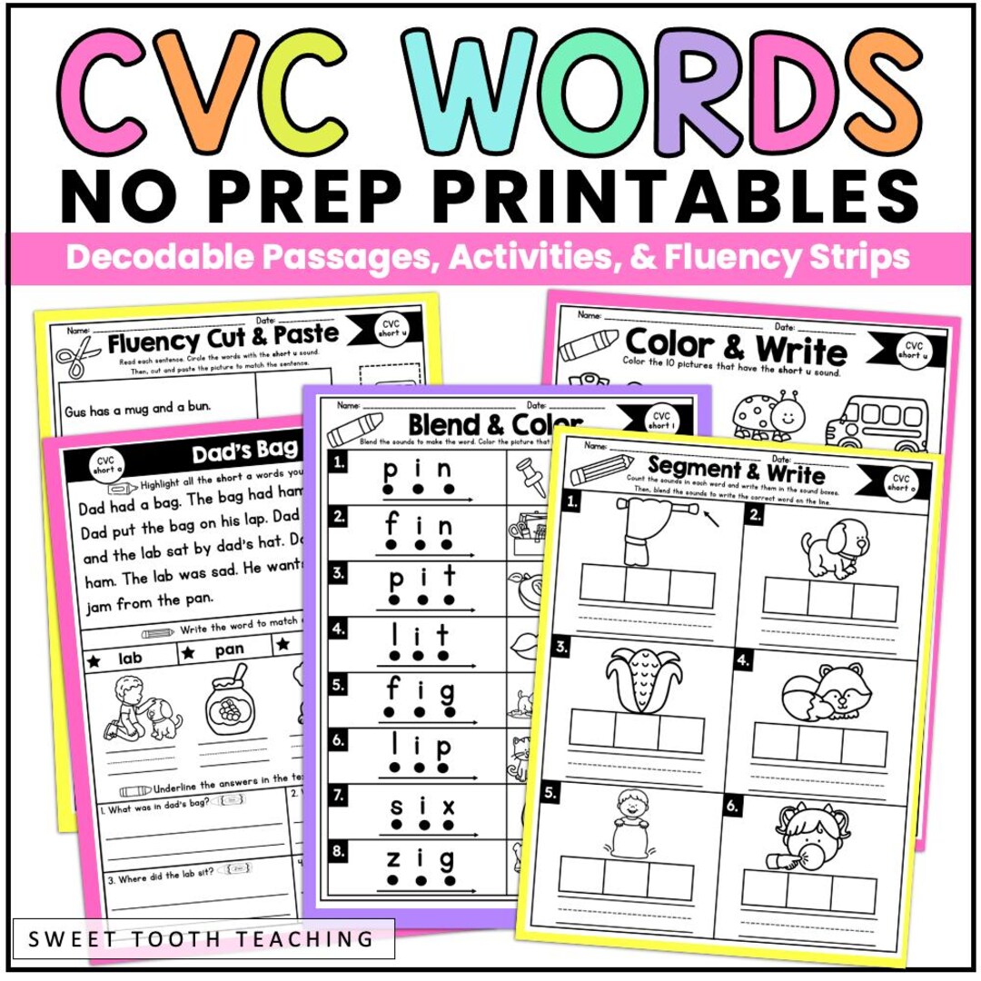 Short Vowels Phonics Worksheets- CVC Words- Decodable Passages, Sound ...