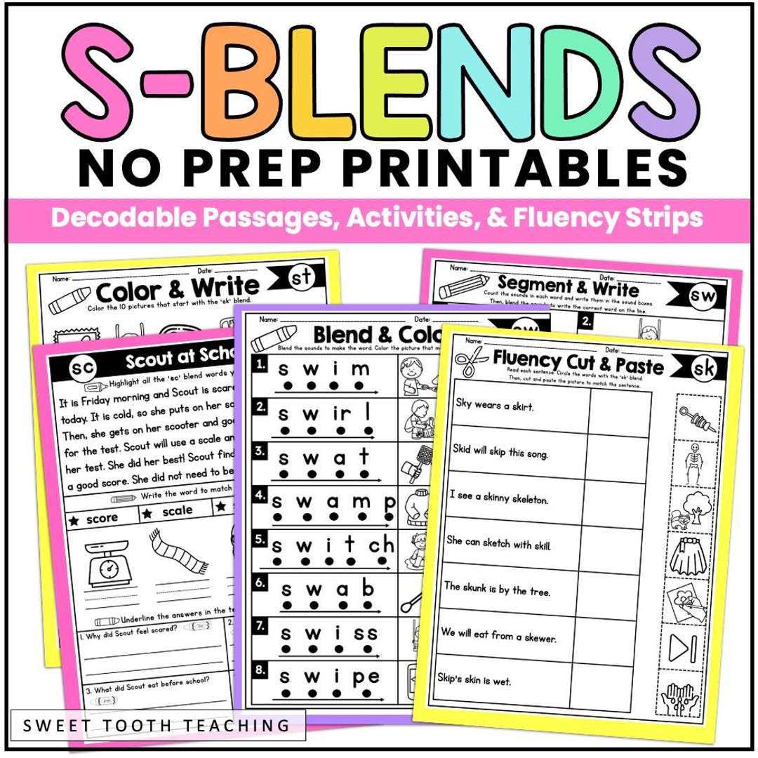 S-blends Phonics Worksheets- Decodable Passages, Sound Mapping, Fluency ...