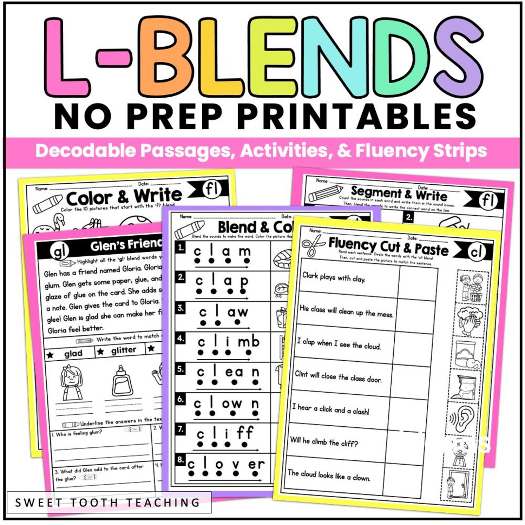 L-blends Phonics Worksheets- Decodable Passages, Sound Mapping, Fluency ...