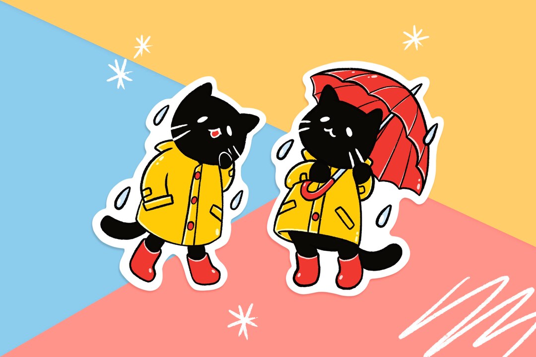 Sticker Set Rainy Day Cat Cute Black Raincoat Kitty Sticker - Etsy