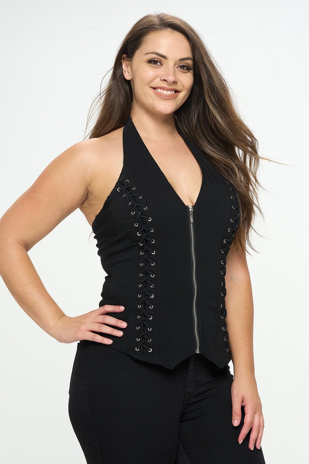 Plus Lace up Detail Halter Top Classic Zip up Front Vest - Biker Plus ...