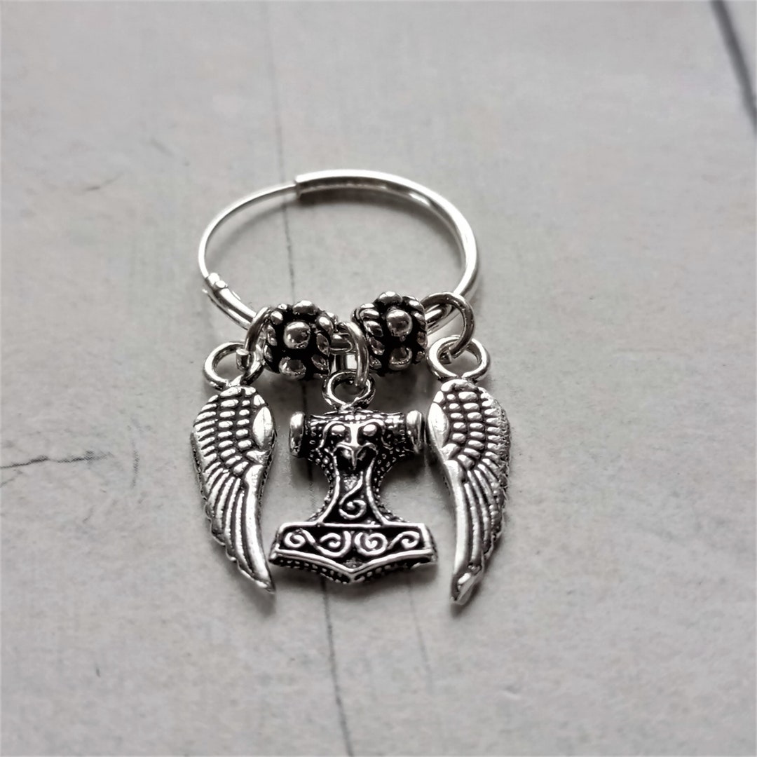 Thor's Hammer and Wings Earring in 925 Sterling Silver With 16 Mm Hoop ...