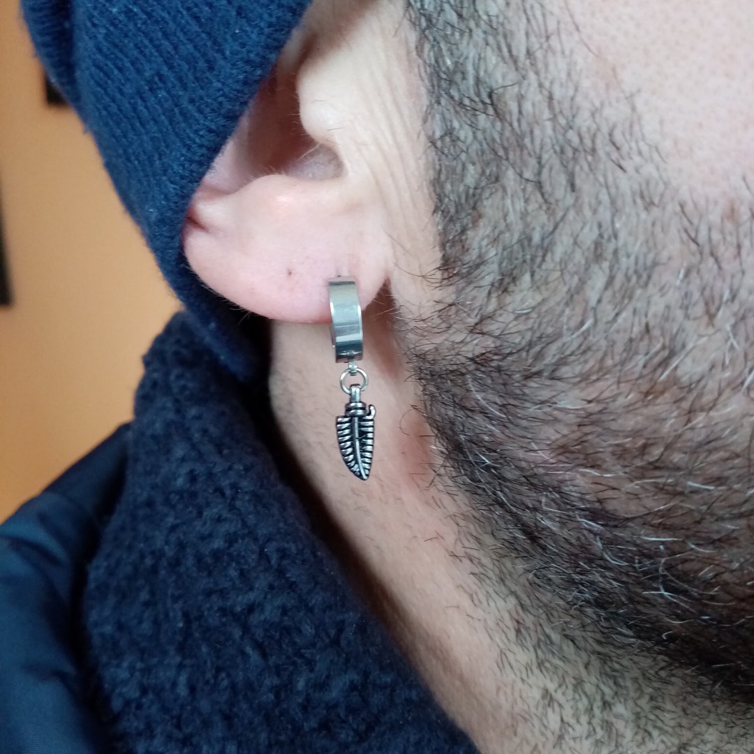 Stainless Steel Feather Hoop for Men Huggie Hoop Earrings Boho Style ...