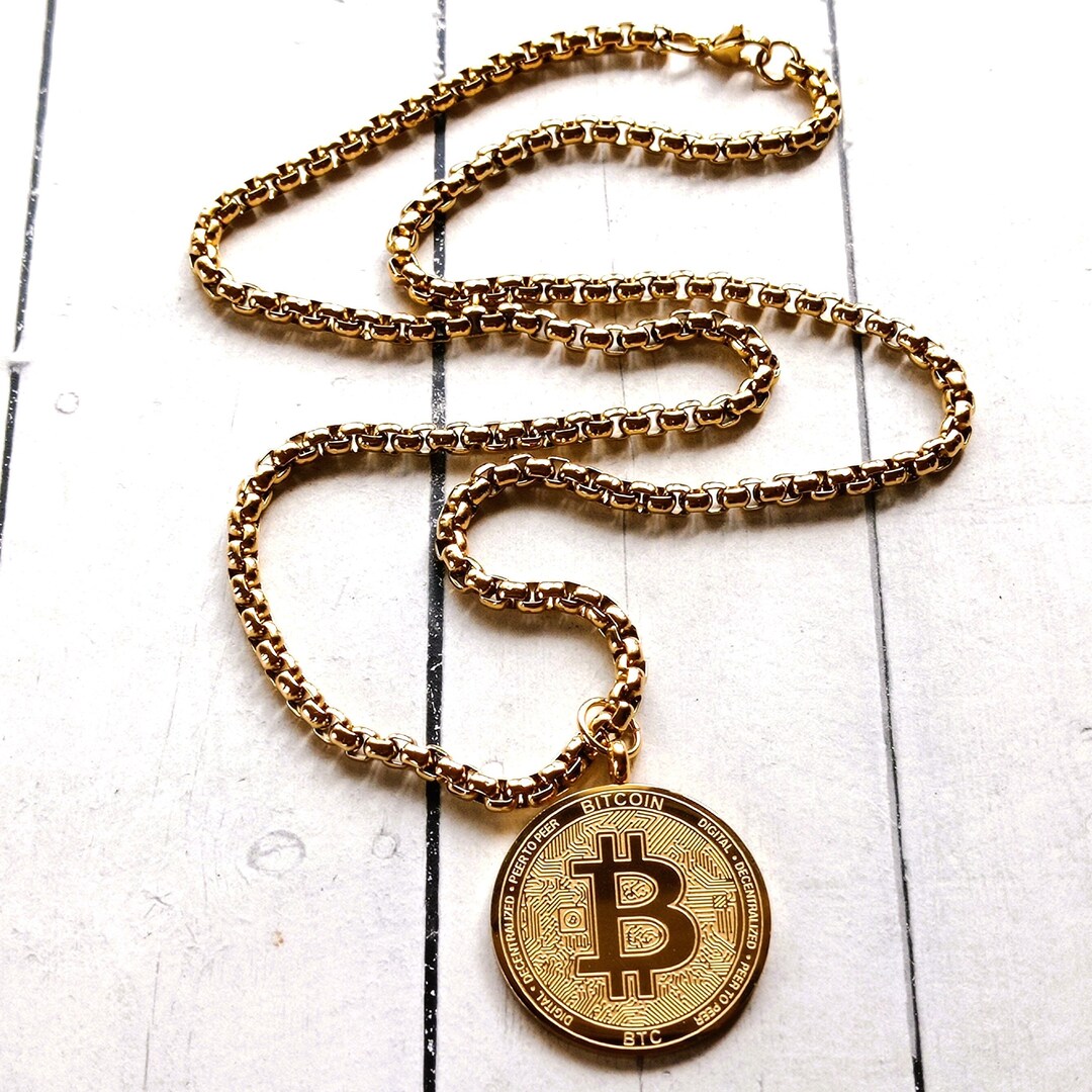 Golden Bitcoin Symbol Pendant in Wide Necklace. - Etsy