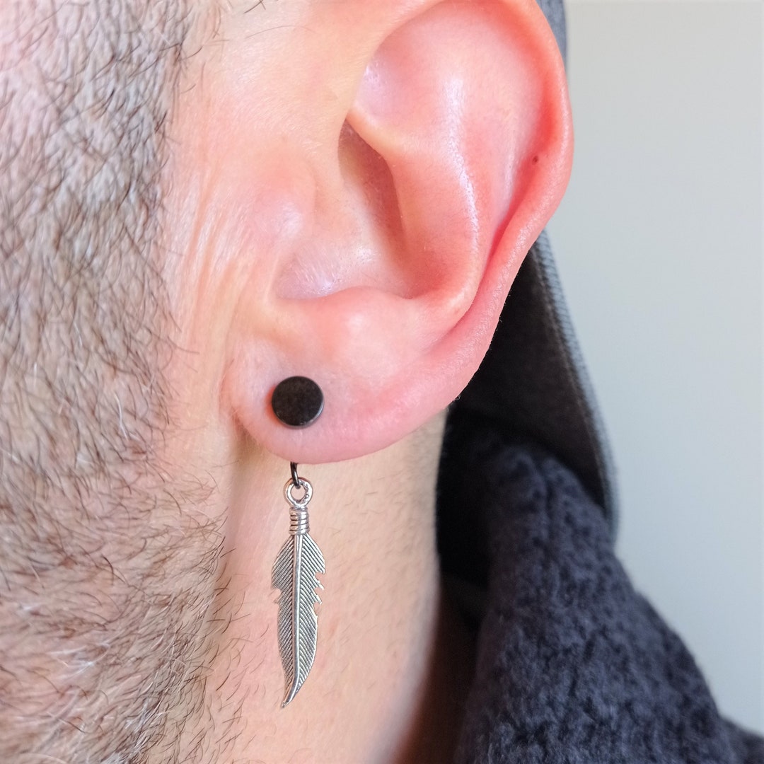Black Stud Earring With Long 929 Sterling Silver Feather Silver Feather ...