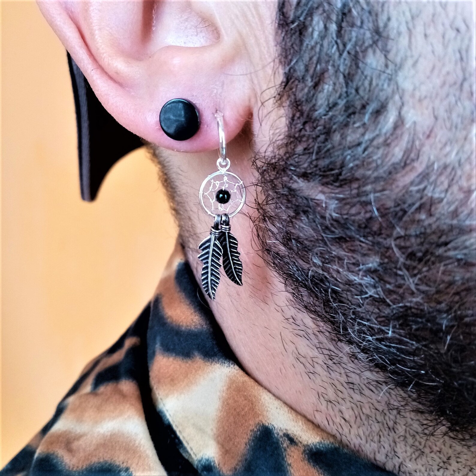 Silver 925 earring for men with 2 feather dreamcatcher design | Etsy