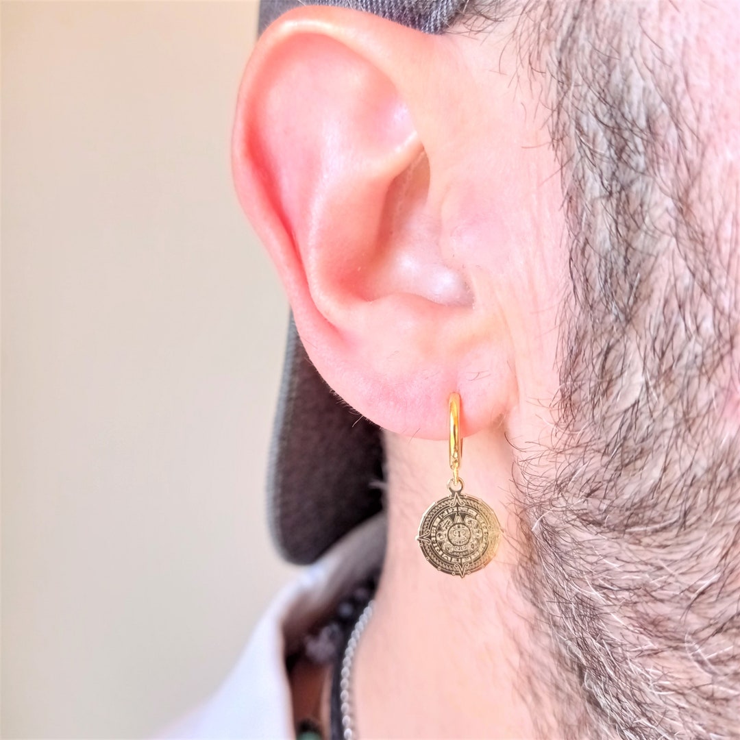 925 Sterling Silver Men's Hoop Earring With Gold Plating Aztec Sun ...
