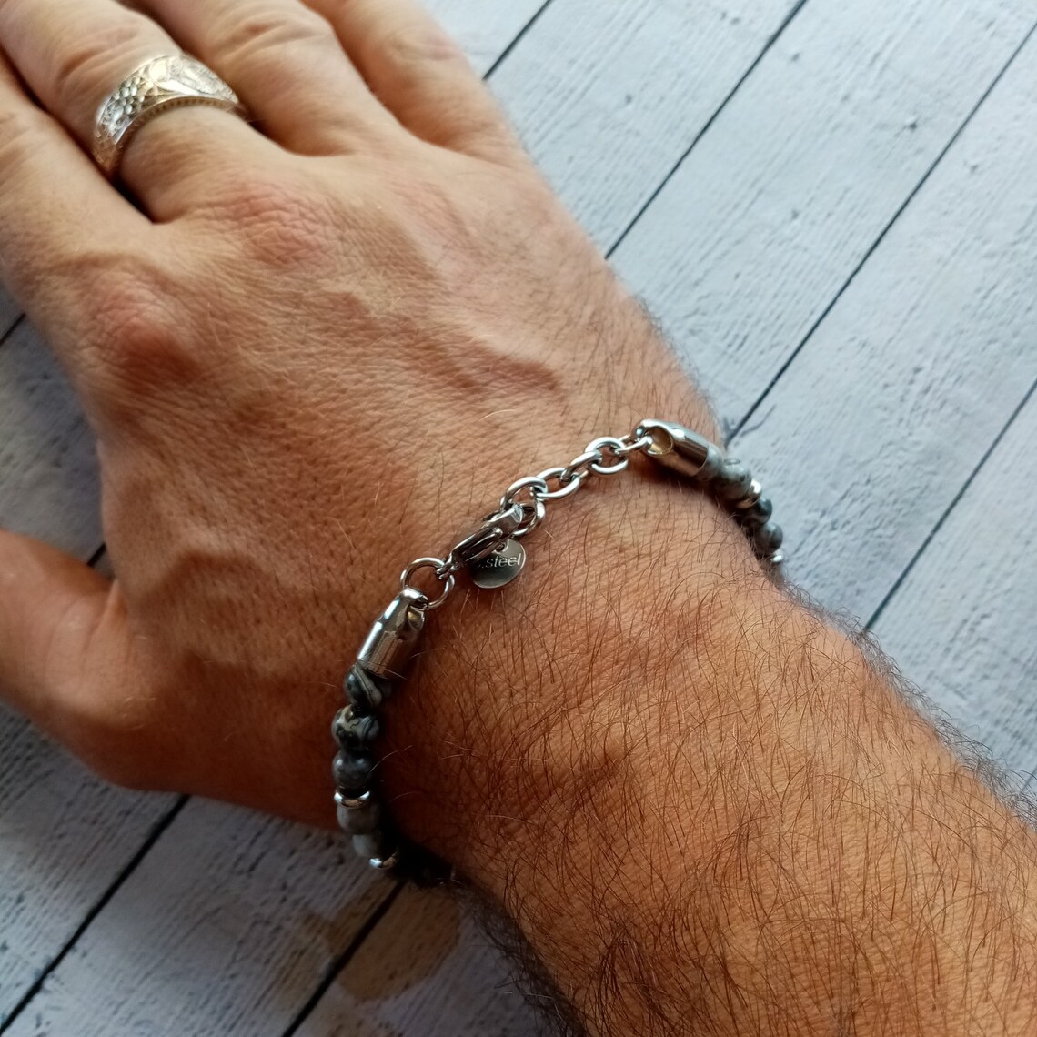 Gray Quartz Ball Bracelet With Stainless Steel Charms Steel - Etsy