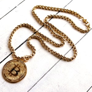 Golden Bitcoin Symbol Pendant in Wide Necklace. - Etsy