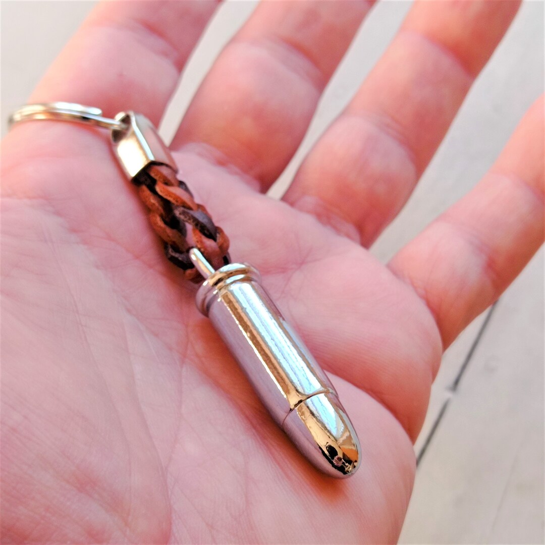 Stainless Steel and Natural Leather Bullet Revolver Keychain Steel ...