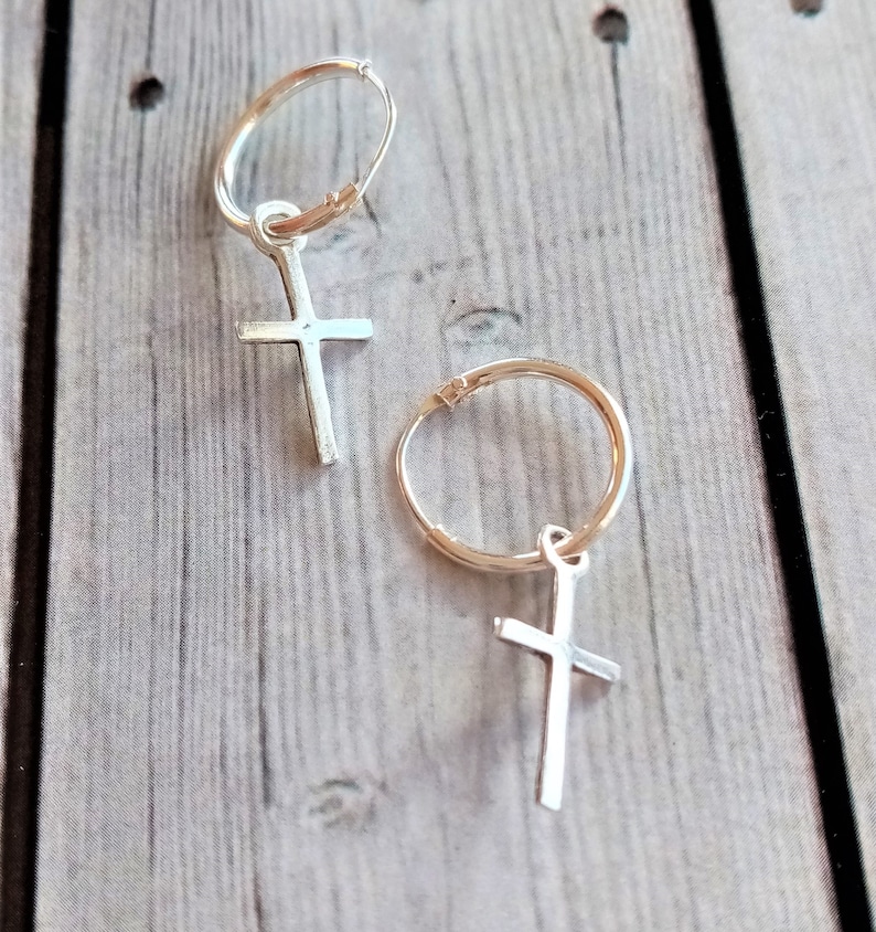 Silver Sterling Hoop Cross Silver 925 Men Hoops With Cross - Etsy