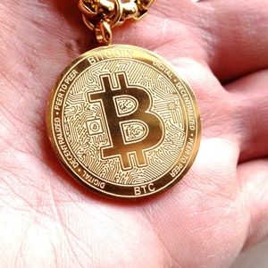 Golden Bitcoin Symbol Pendant in Wide Necklace. - Etsy
