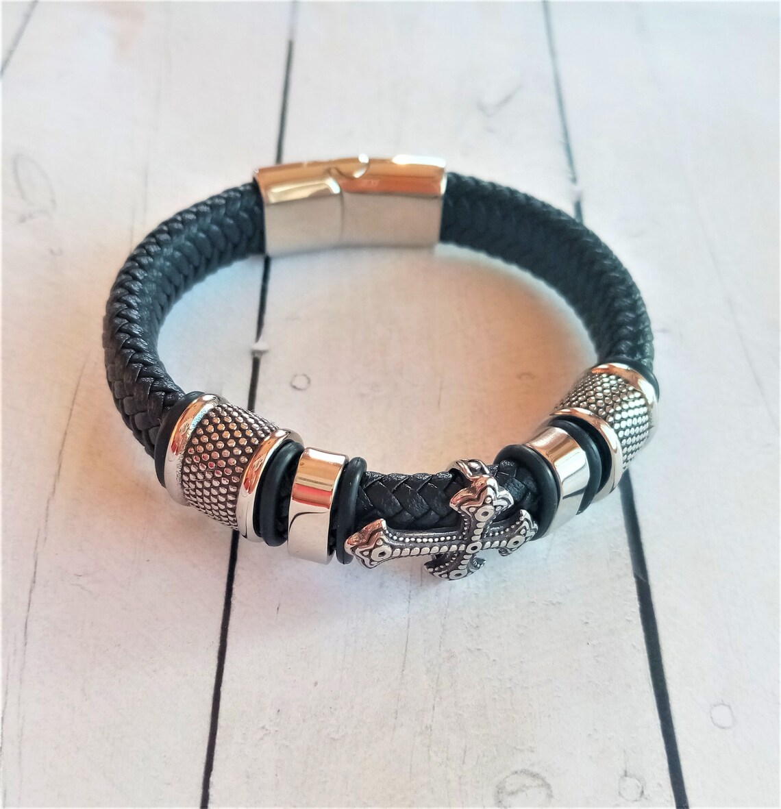 Wide black leather bracelet with cross and stainless steel | Etsy