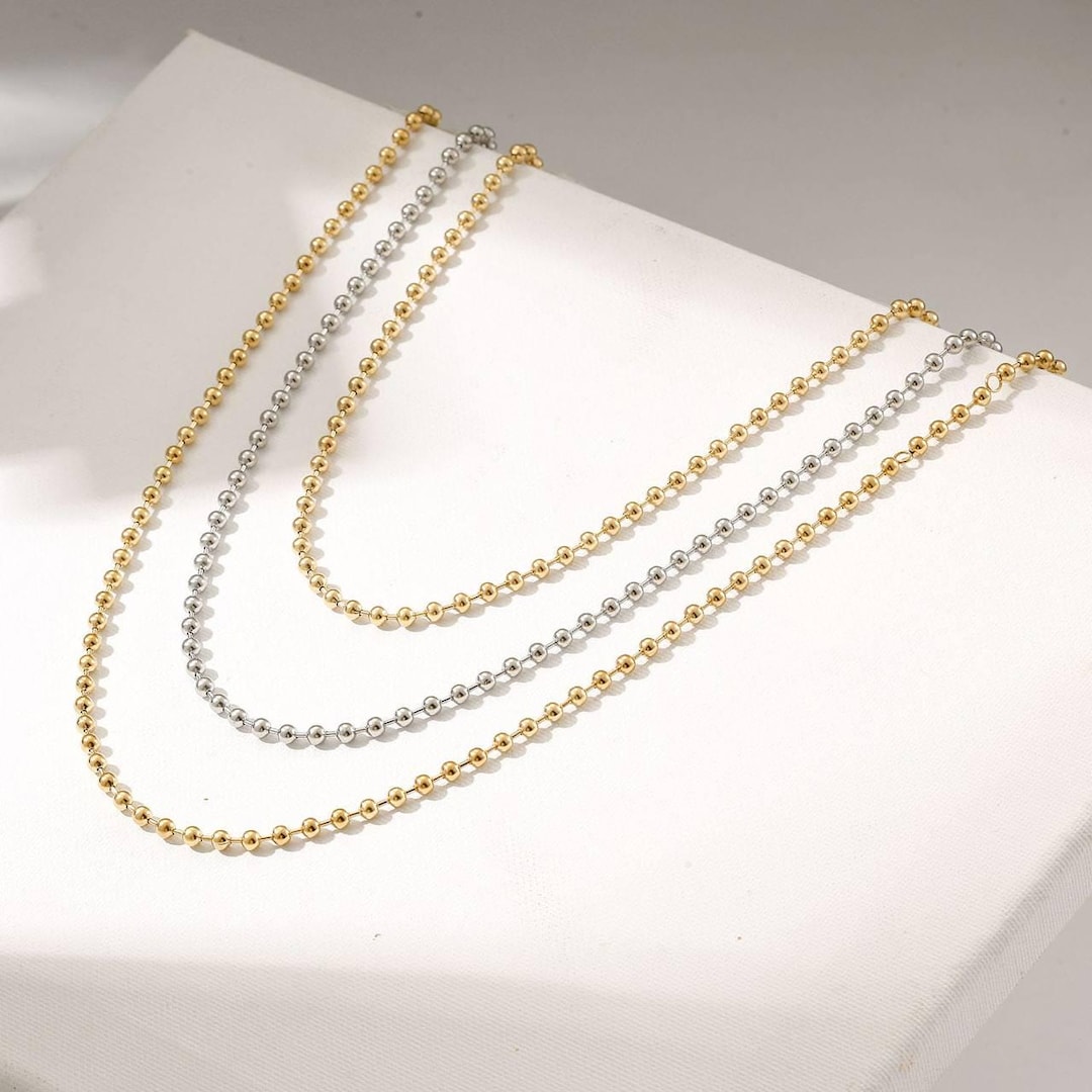 Gold Silver Beaded Chain Necklace, Stainless Steel, Adjustable 16-18 ...