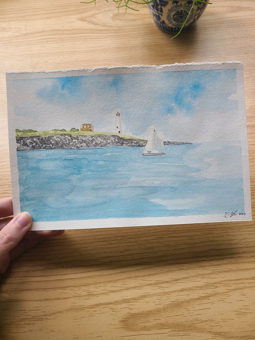 Original Watercolor Painting of a Lighthouse and Sailboat in Biddeford ...
