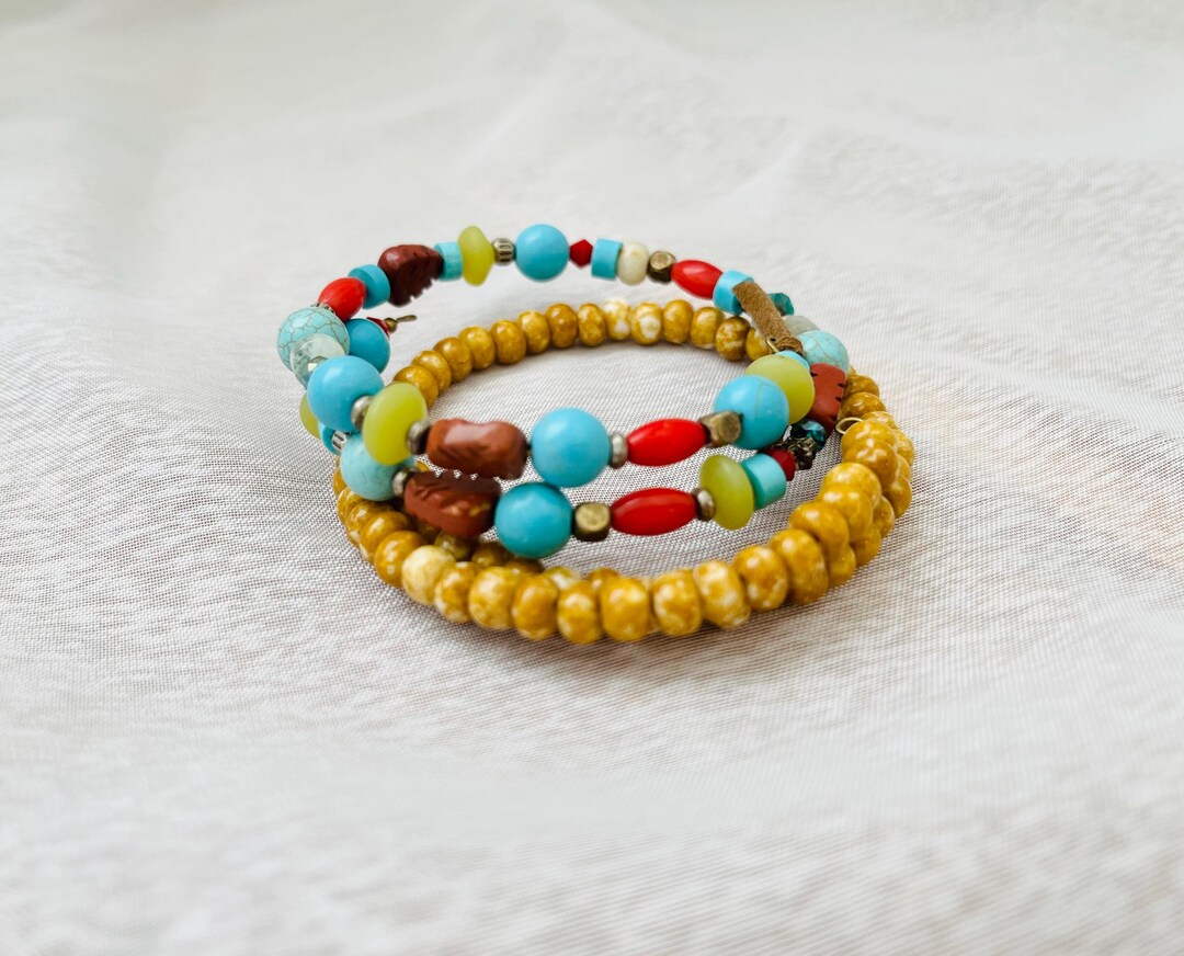 Set of Two Chunky Bead Stacking Wrap Bracelets - Etsy