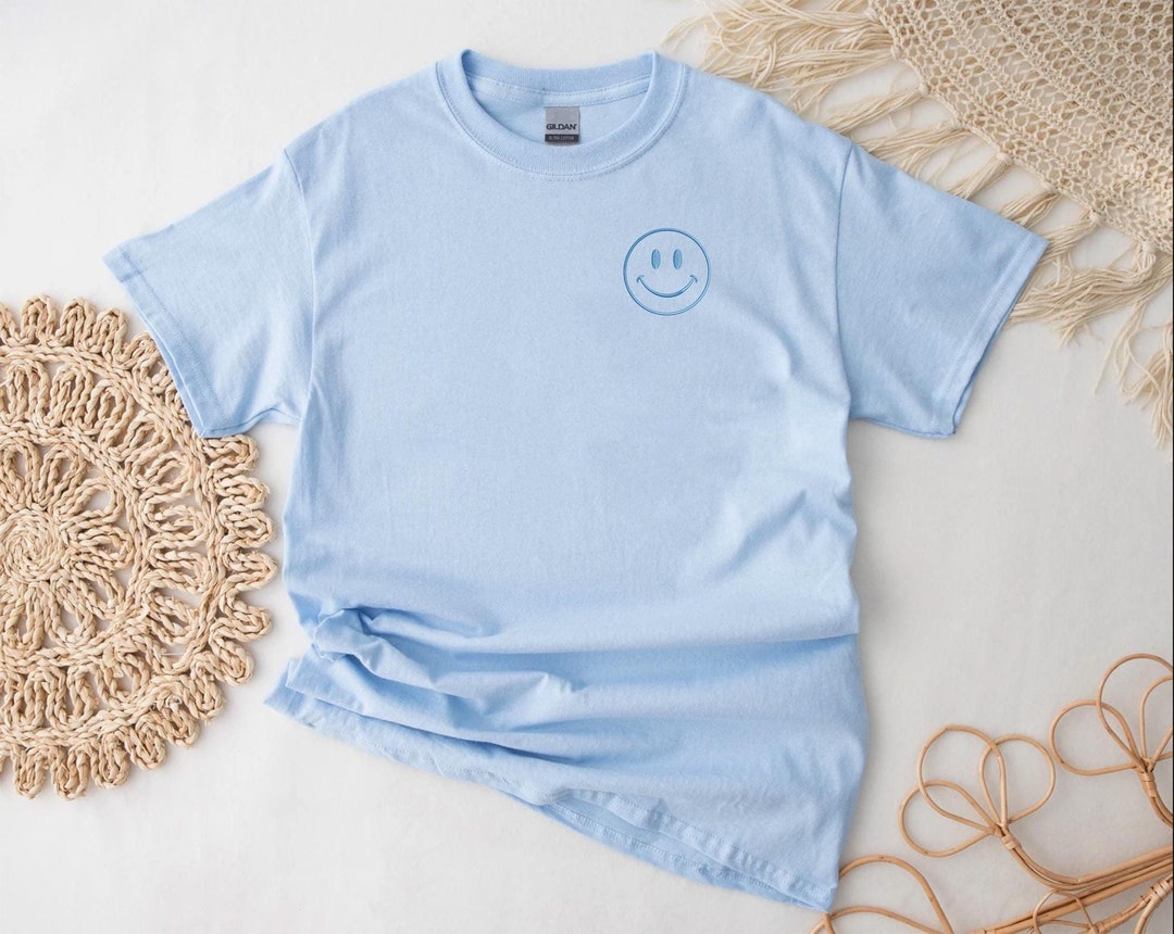 Happy Face Light Blue Tshirt, Smile Shirt, Embroidered T-shirt ...