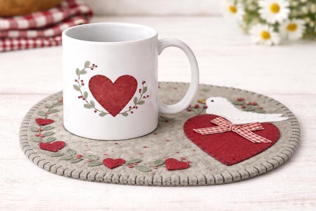 Mug Rug Wool Felt Embroidery Kit -love is in the Air - Bird and Heart ...
