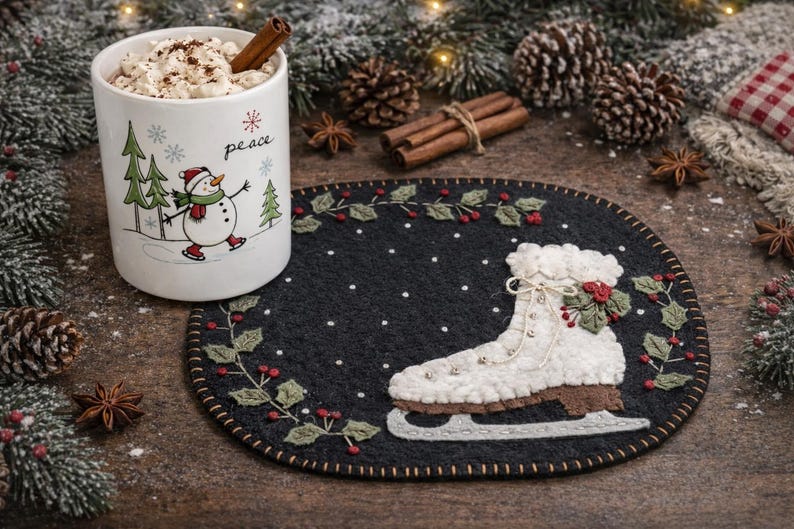 Mug Rug Wool Felt Embroidery Kit -snow Day - Ice Skate Pattern - Pre ...