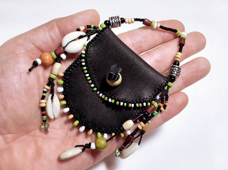 Medicine bag leather Amulet bag women Black necklace bag | Etsy