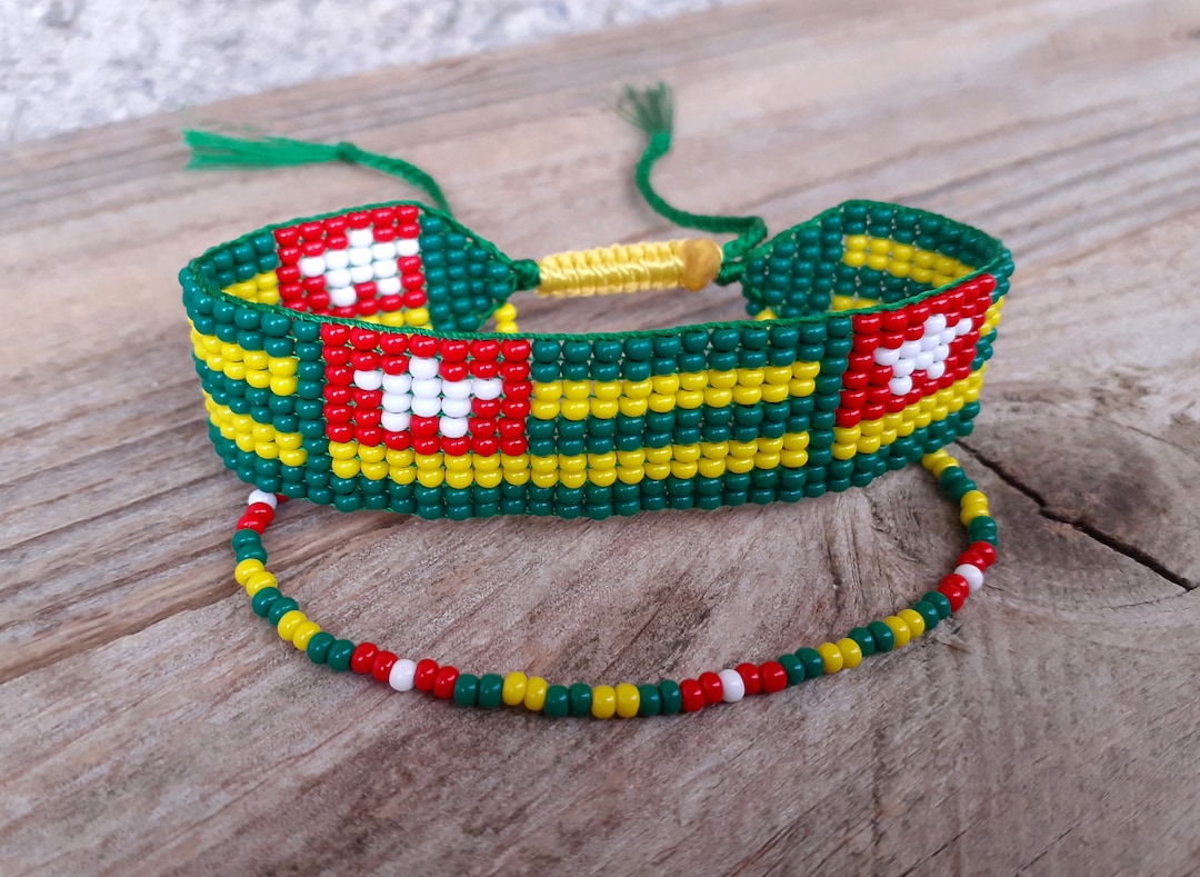 Togo Flag Bracelet, Patriotic Beaded Wristband, Loom Handwoven Double ...