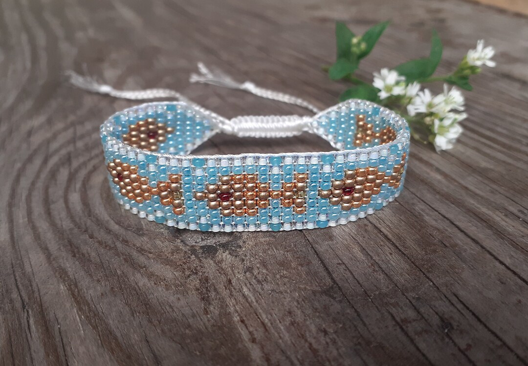 Beaded Bracelet With Gold Fish, Handwoven Loom Adjustable Wristband for ...