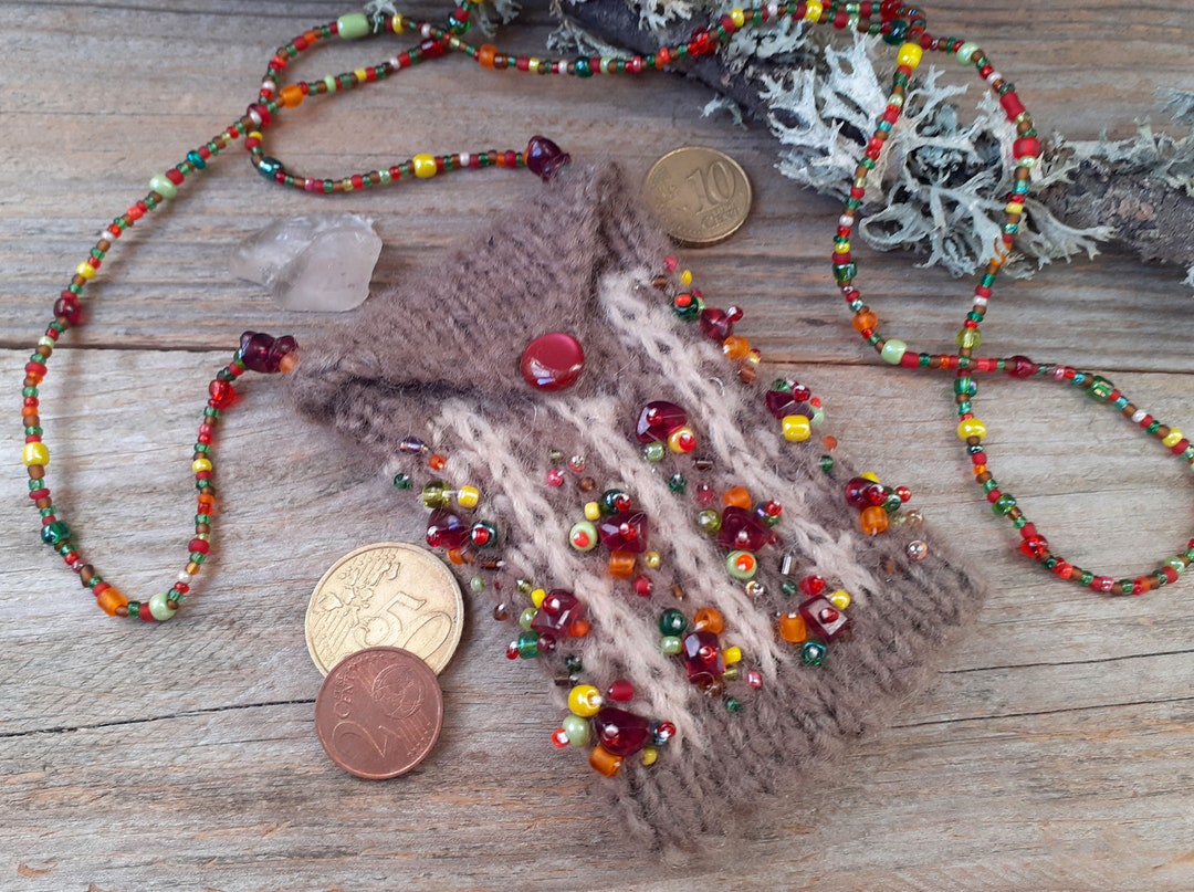 Knitted Brown Neck Bag, Small Pouch for Crystals, Hippie Necklace Bag ...
