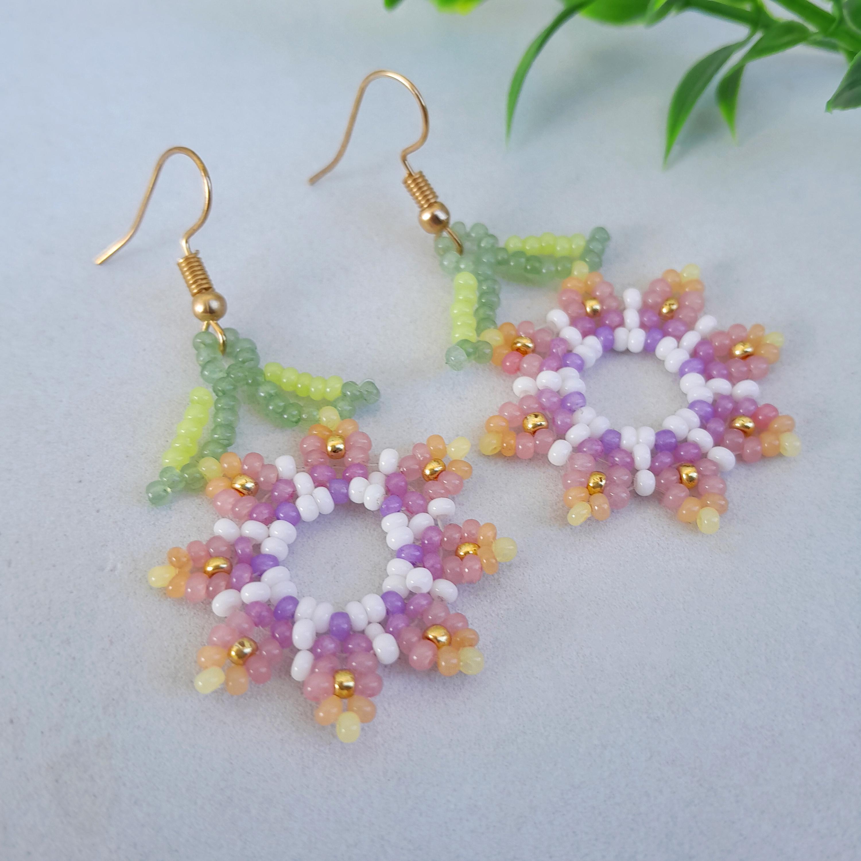 Beaded Flower Earrings – Huichol Style Jewelry – Colorful Boho Dangle ...
