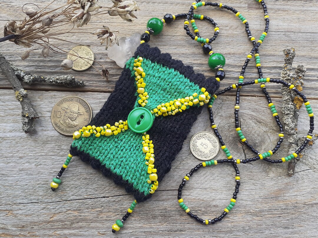 Jamaica Flag Knitted Talisman Bag, Medicine Necklace Bag, Patriotic ...