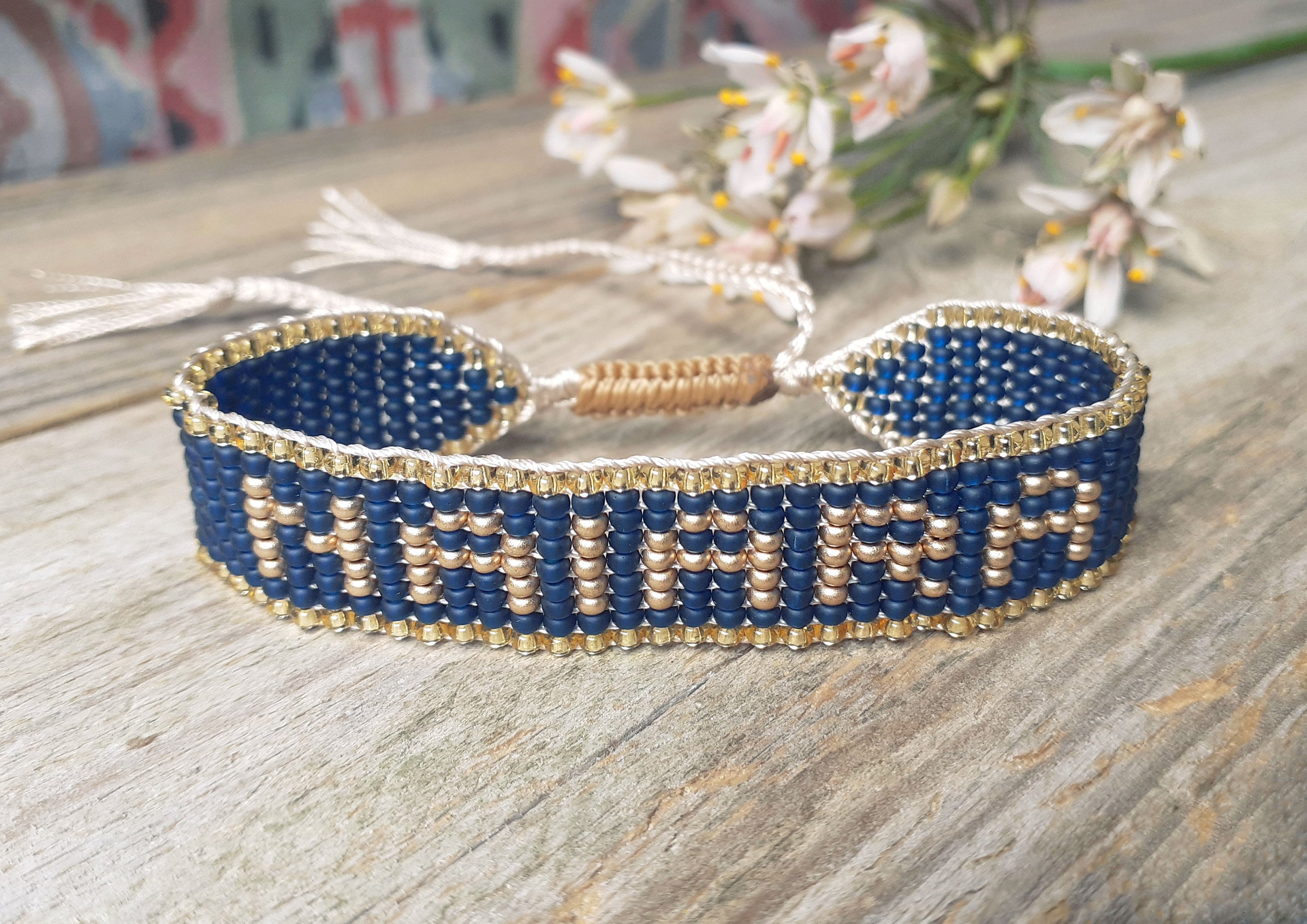 Navy Blue and Gold Custom Name Bracelet Personalized Beaded Wristband ...