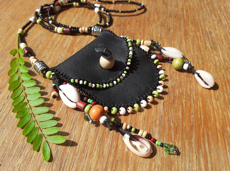 Medicine bag leather Amulet bag women Black necklace bag | Etsy