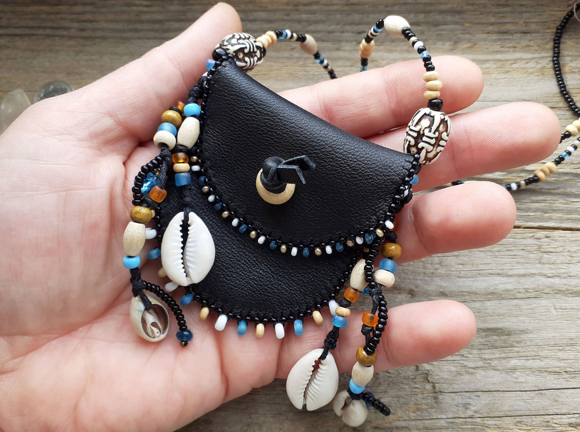 Medicine Bag Leather Amulet Bag Women Black Necklace Bag | Etsy