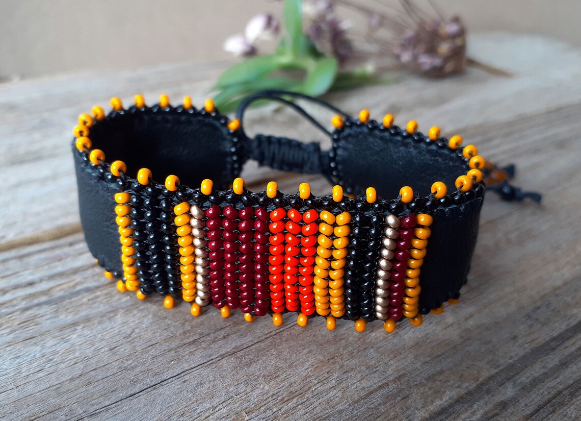 Striped Bracelet Leather Black Boho Seed Bead Multi Color - Etsy