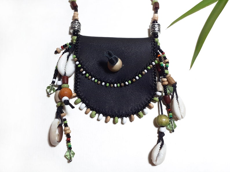 Medicine bag leather Amulet bag women Black necklace bag | Etsy