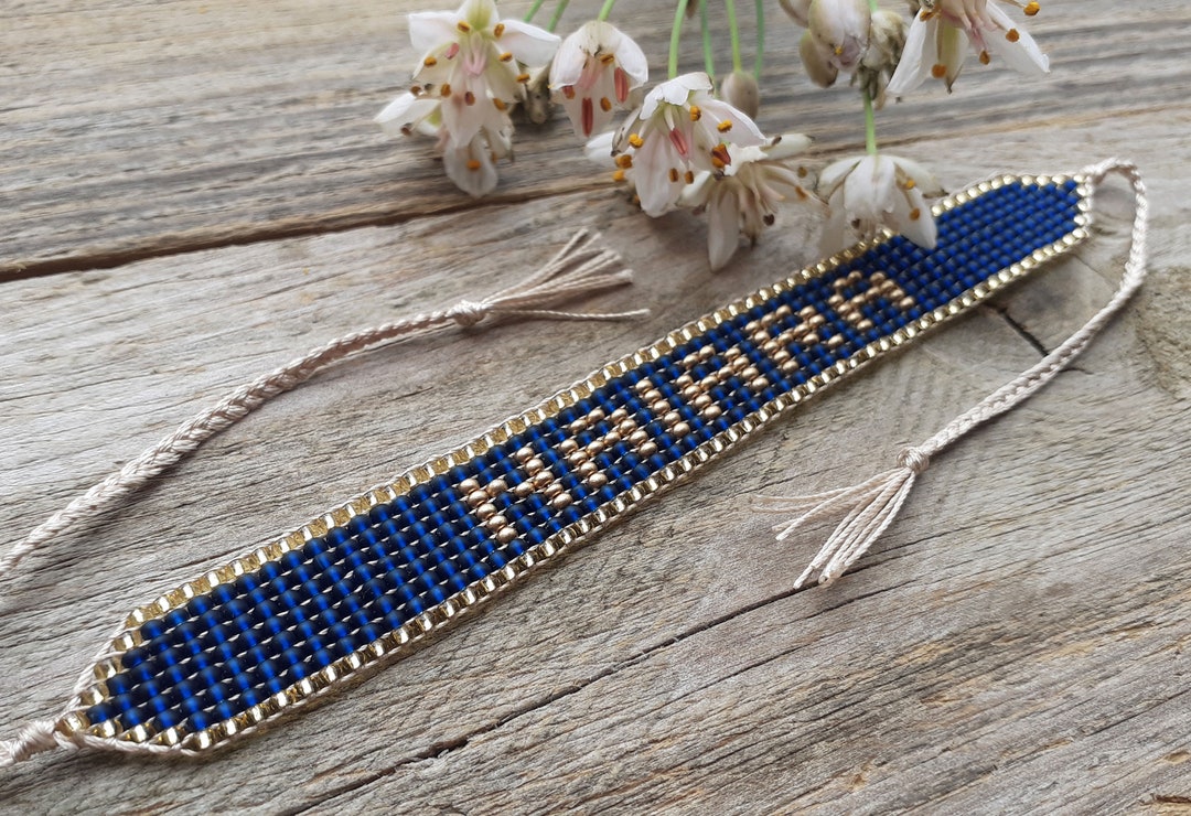 Navy Blue and Gold Custom Name Bracelet Personalized Beaded Wristband ...