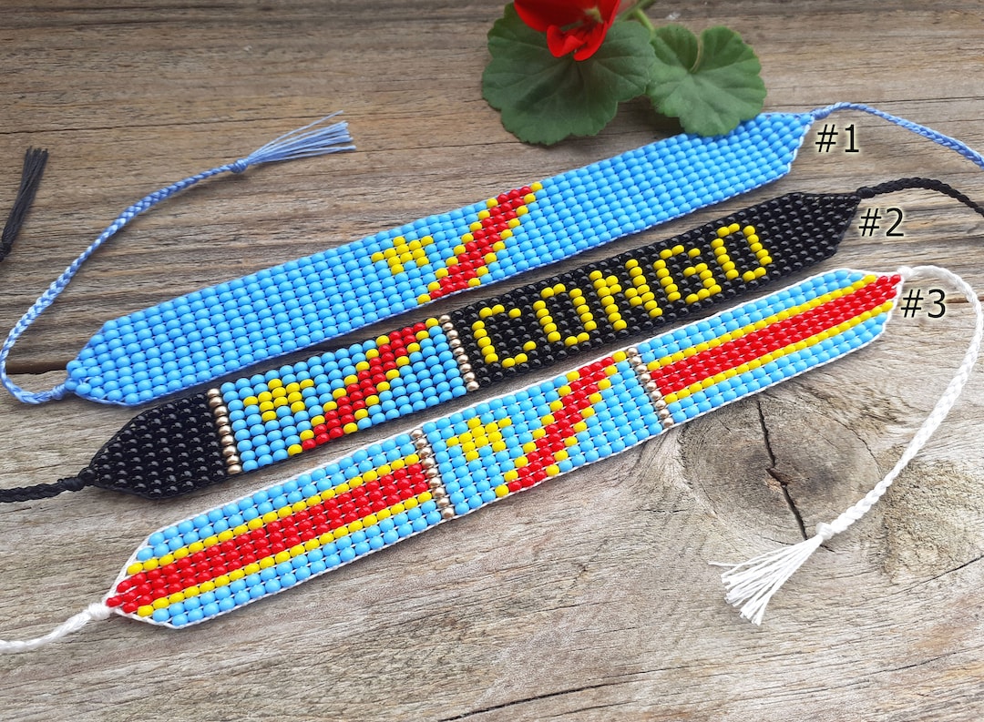 Congo Flag Bracelet, Central African Beaded Wristband, Loom Hand Woven ...
