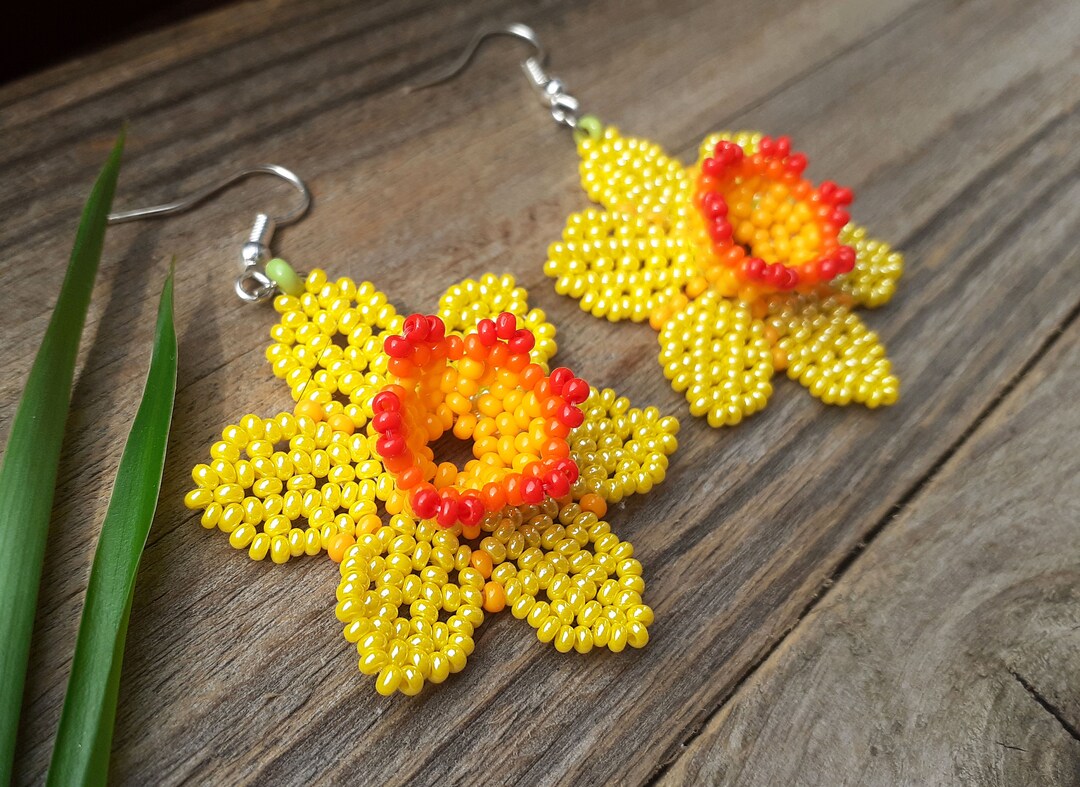 Yellow Daffodil Earrings, Beaded Flowers Dangle, Large Floral Earrings ...